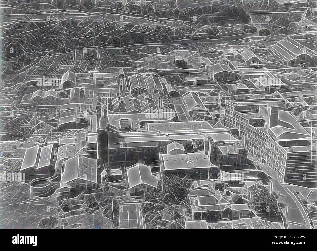 A densely packed urban landscape featuring various buildings and ...