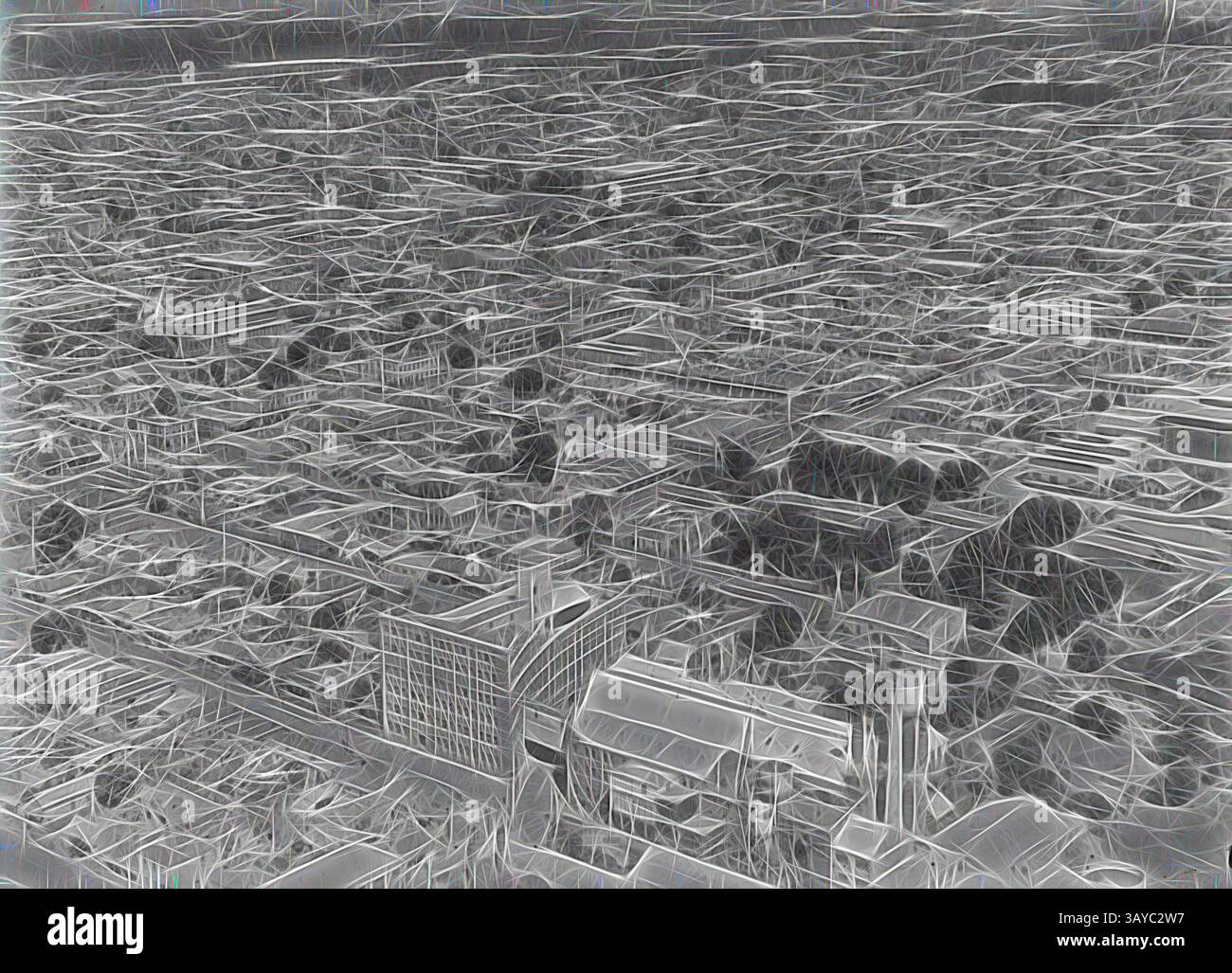 A sprawling urban landscape filled with intricate lines and patterns ...