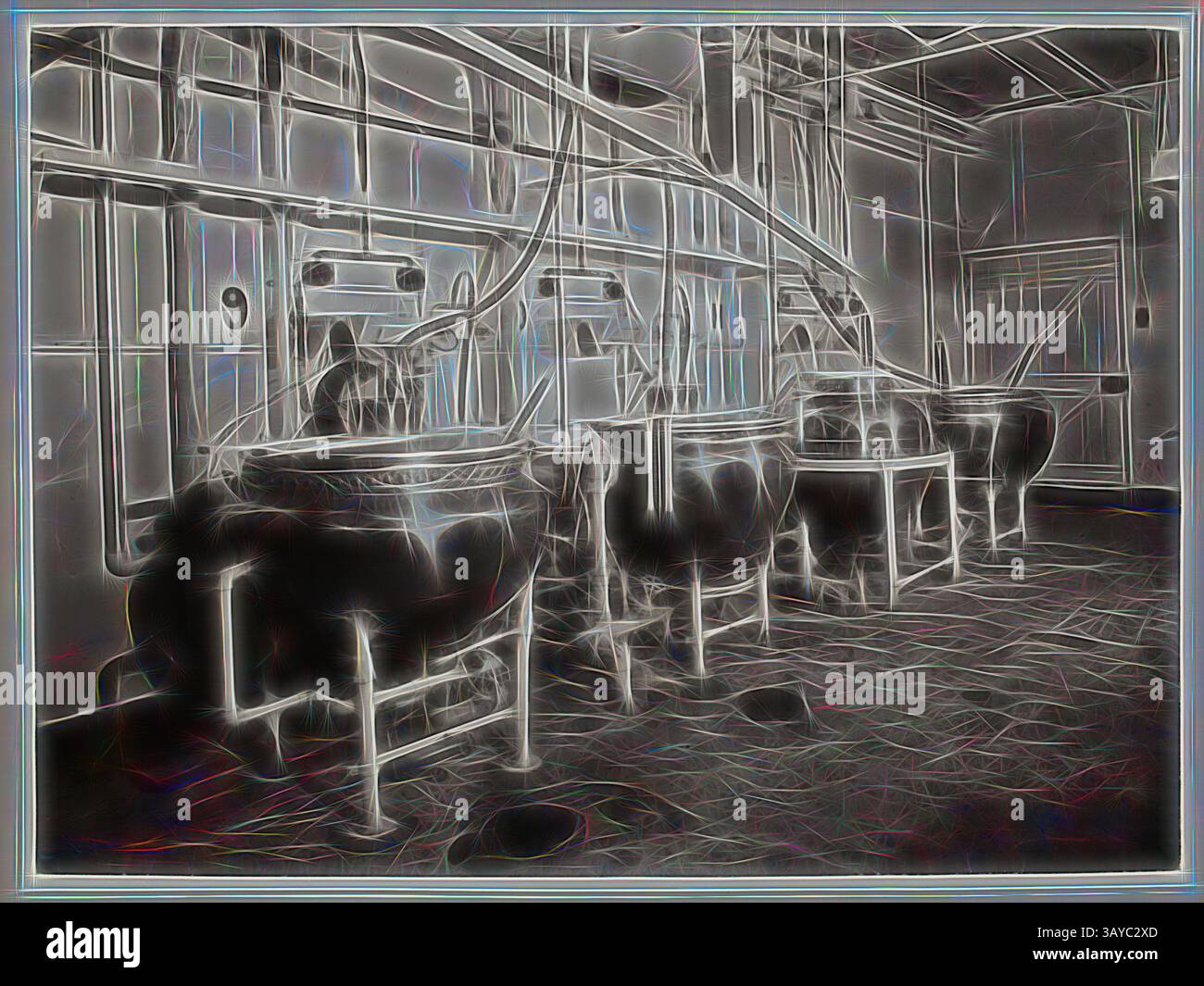 An industrial setting features a row of large, round containers ...