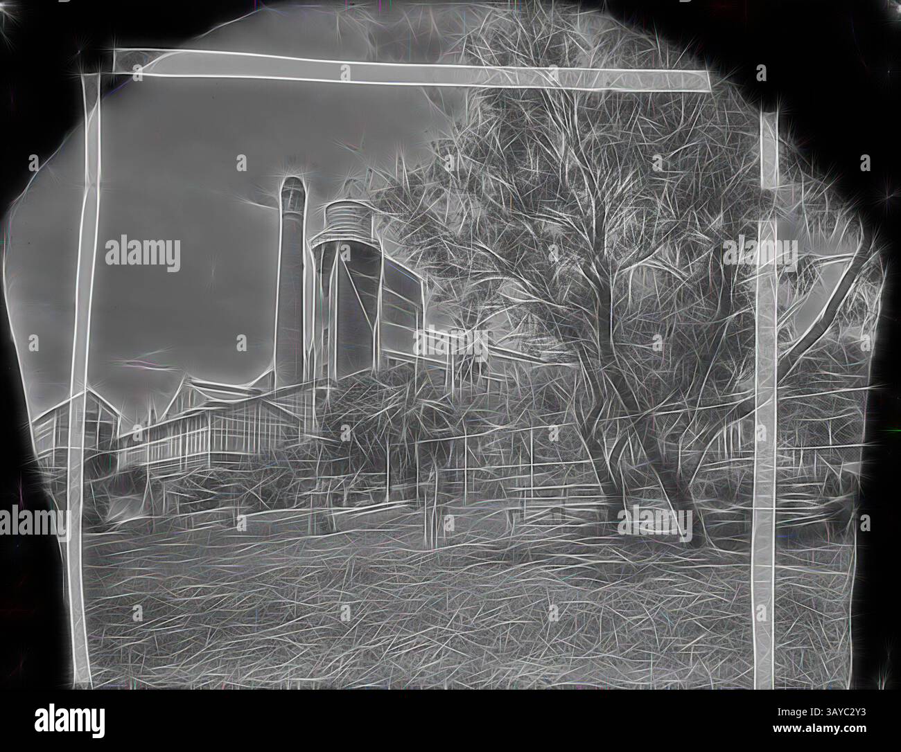 A dramatic urban scene featuring industrial buildings and smokestacks ...