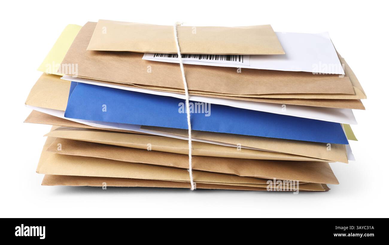 Stack of different paper envelopes isolated on white. Post office Stock ...