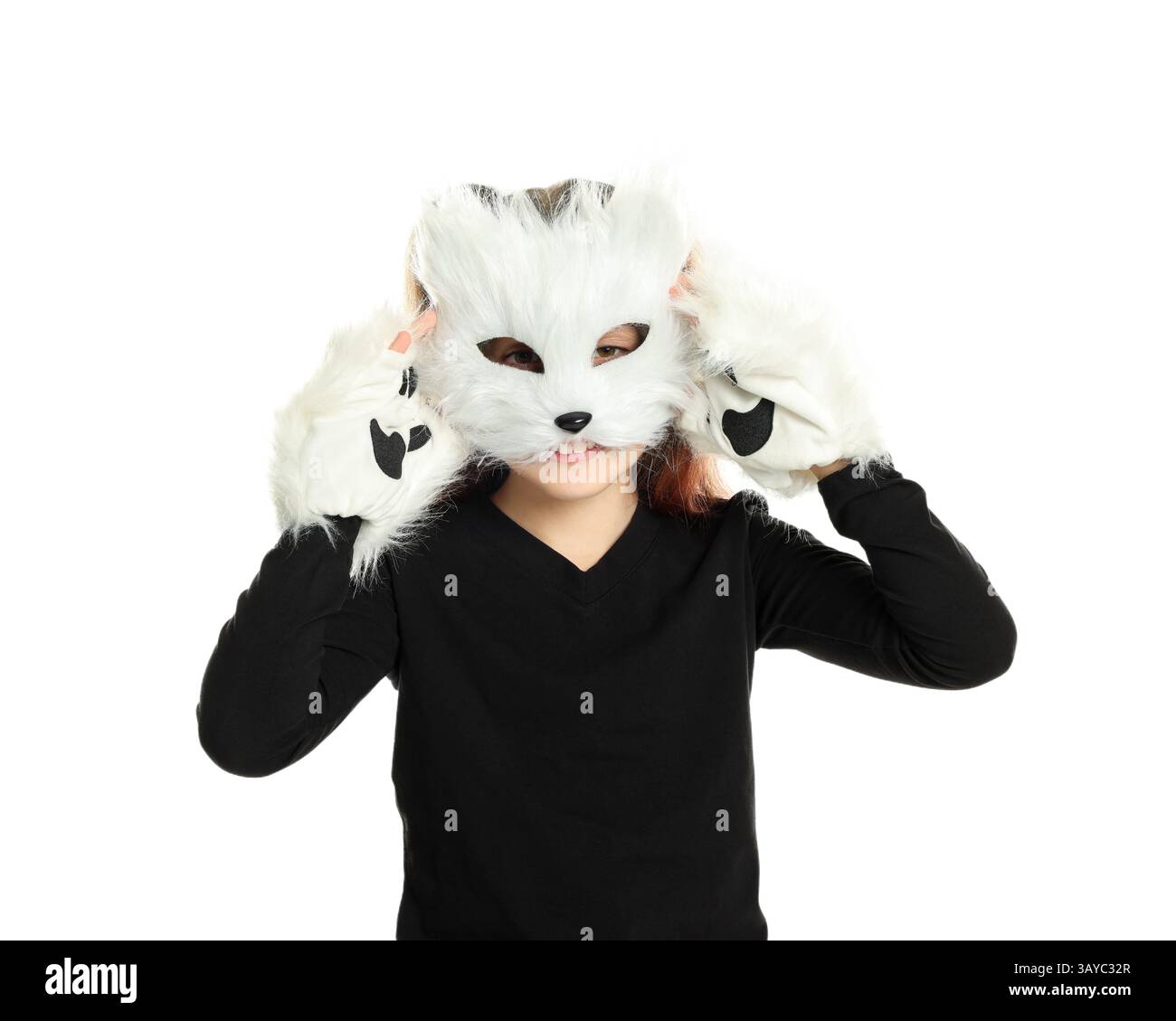 Quadrobics. Girl wearing cat mask and gloves on white background Stock ...
