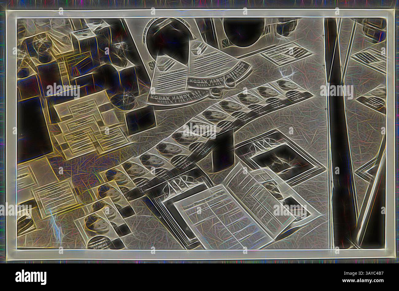 An abstract arrangement of various circular and rectangular objects ...