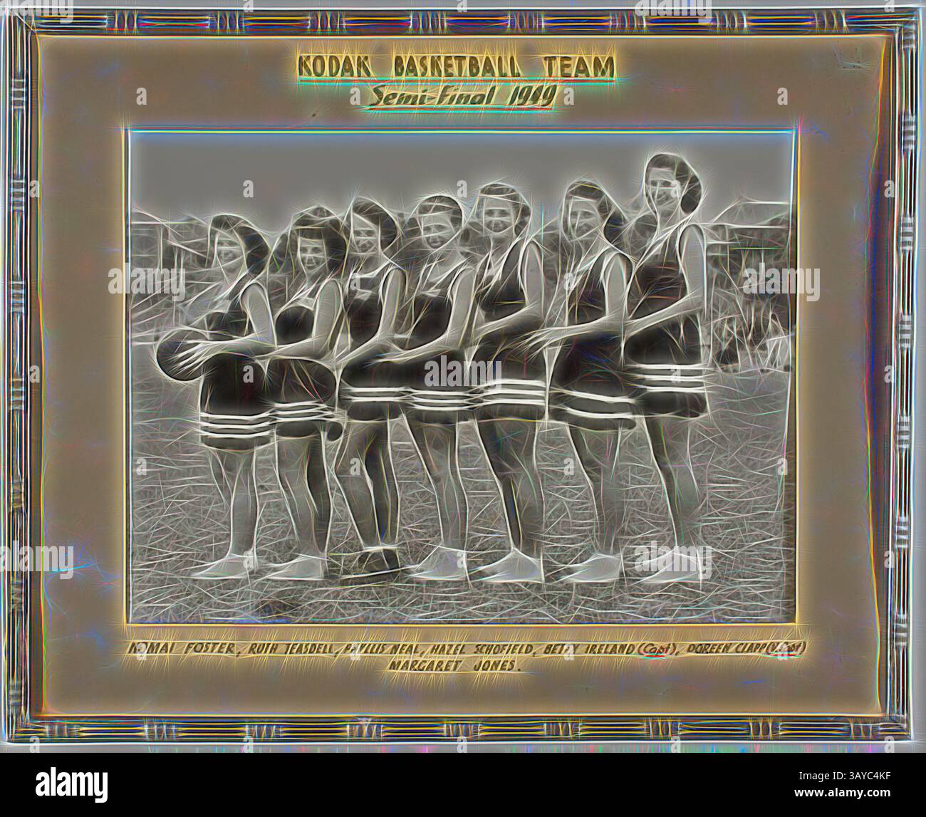 A group of seven female basketball players pose in a line, showcasing ...