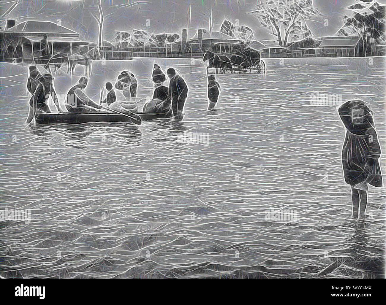 A group of people wades in shallow water, some engaged in activities on ...