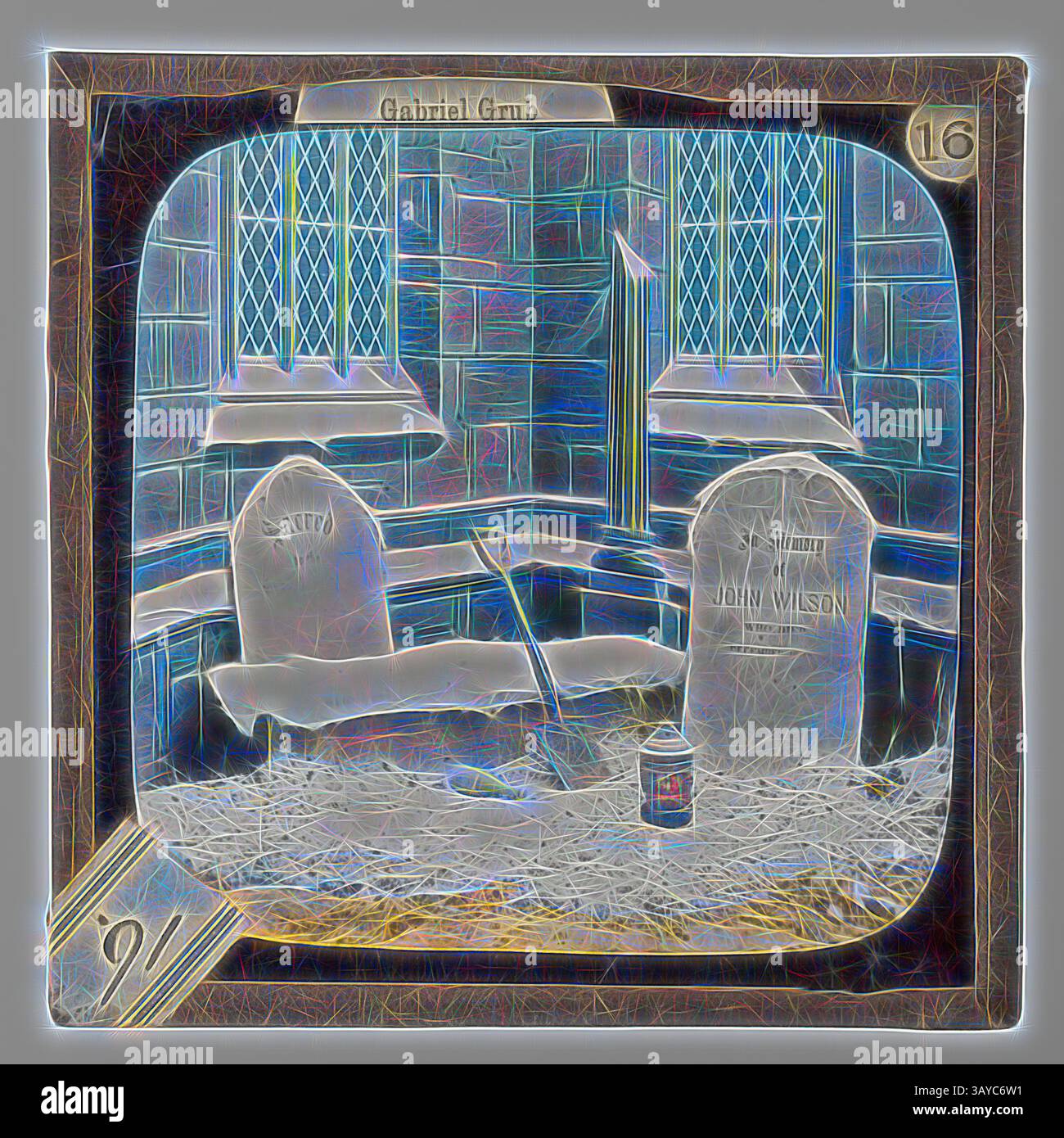 An eerie graveyard scene features two weathered gravestones, partially ...