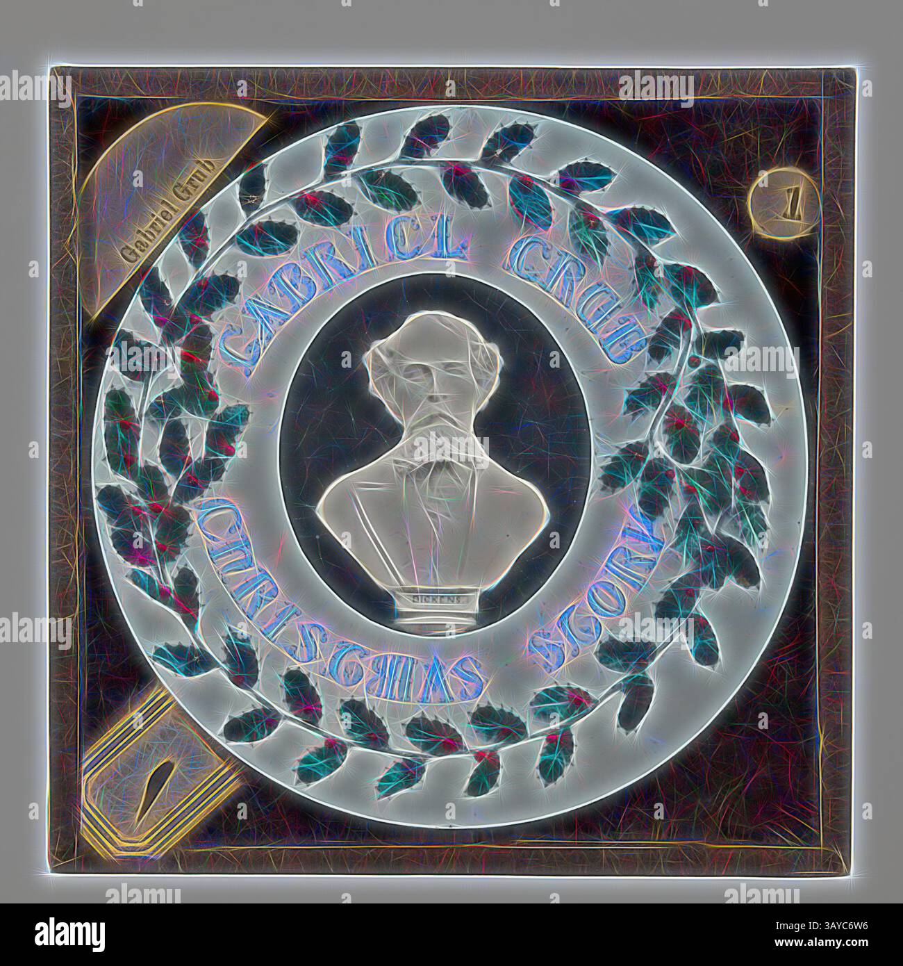 A decorative circular plaque featuring a bust in the center, surrounded ...