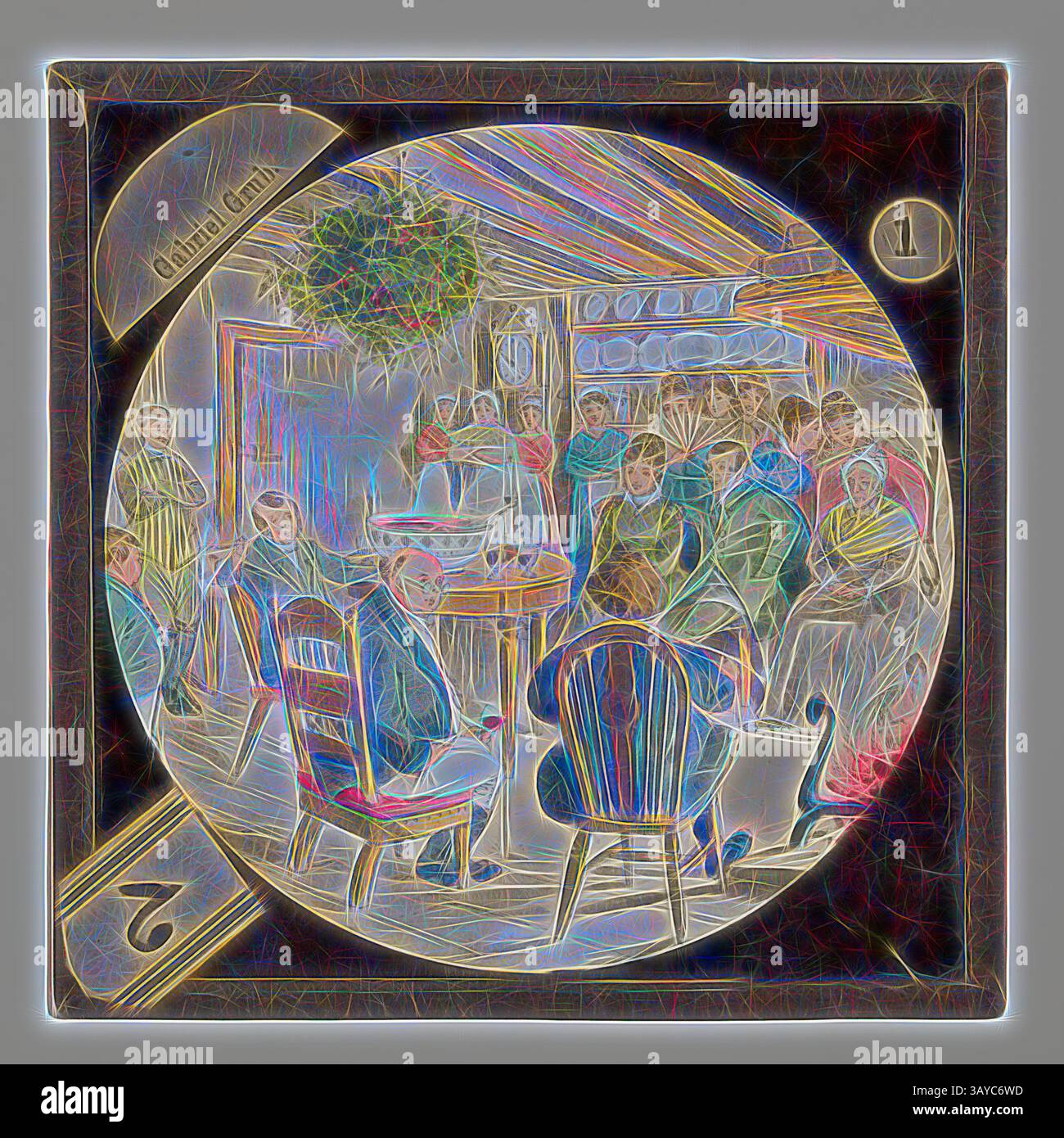 A lively scene depicting a gathering of people, engaging in animated ...