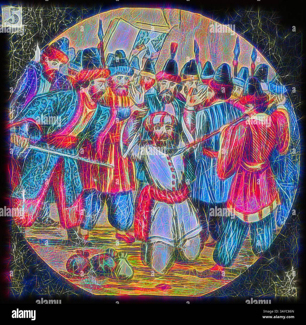 A historical scene depicts a crowd of soldiers in traditional attire ...
