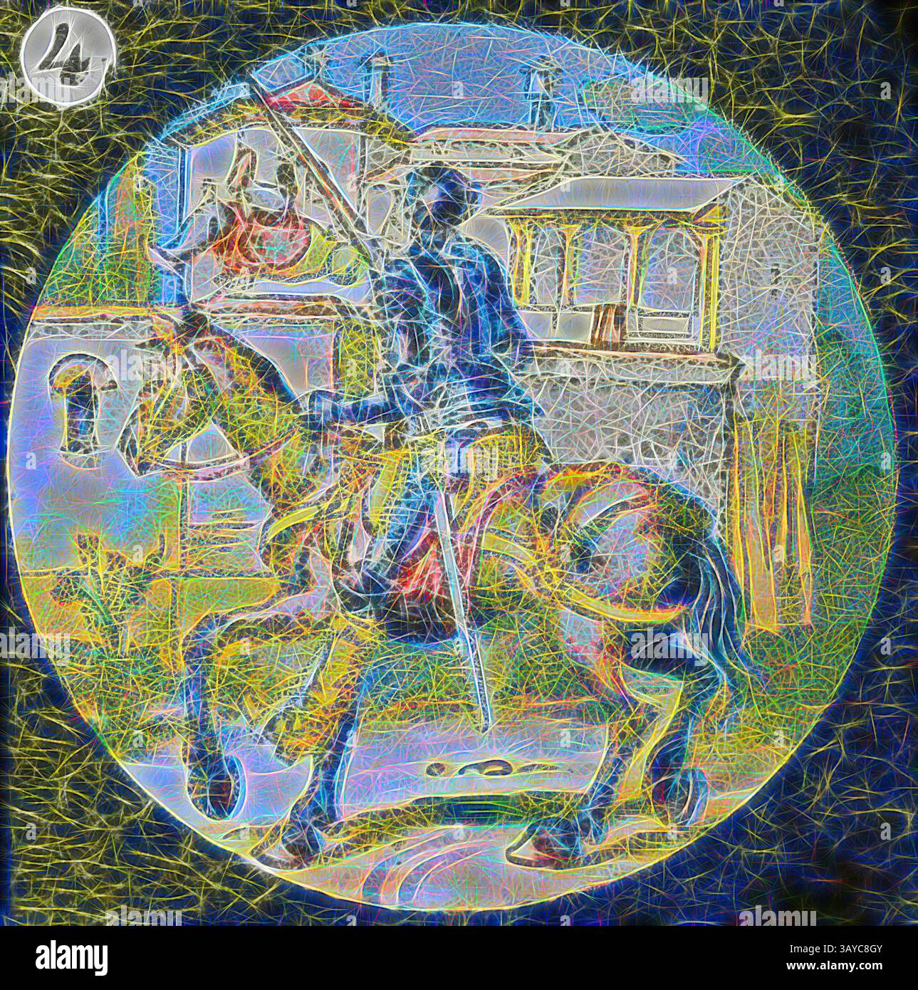 A knight on horseback holds a spear, poised in a medieval scene that ...