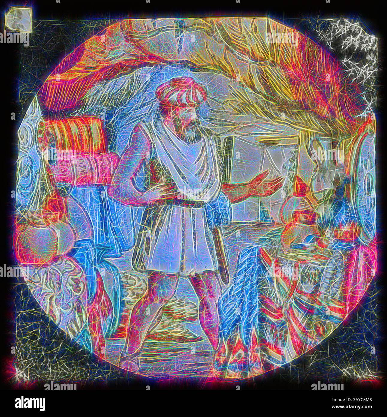 A figure in ancient attire stands amidst an array of vibrant textiles ...