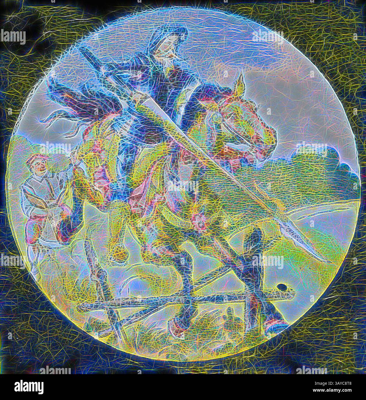 A valiant warrior rides a spirited horse, brandishing a spear, with a ...