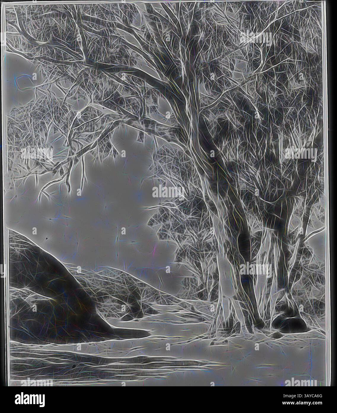 A serene landscape featuring tall, slender trees with intricate ...