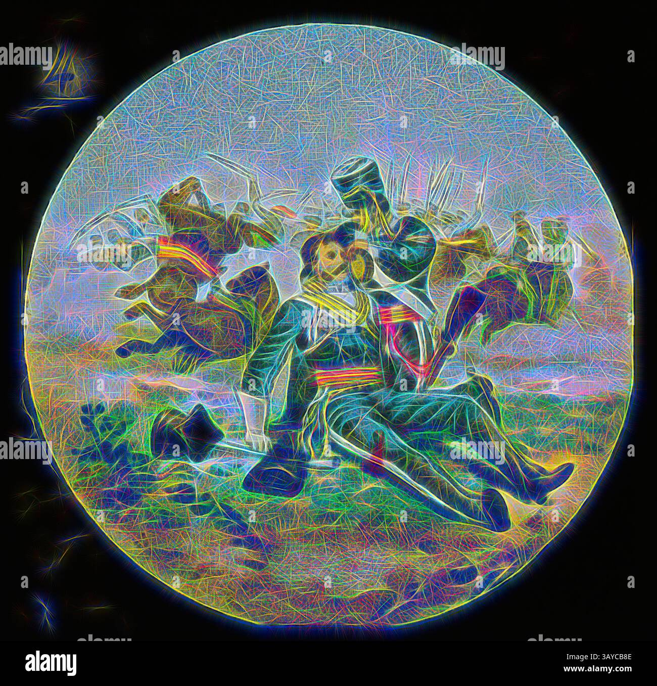 A stylized scene depicting a historical confrontation, with figures ...