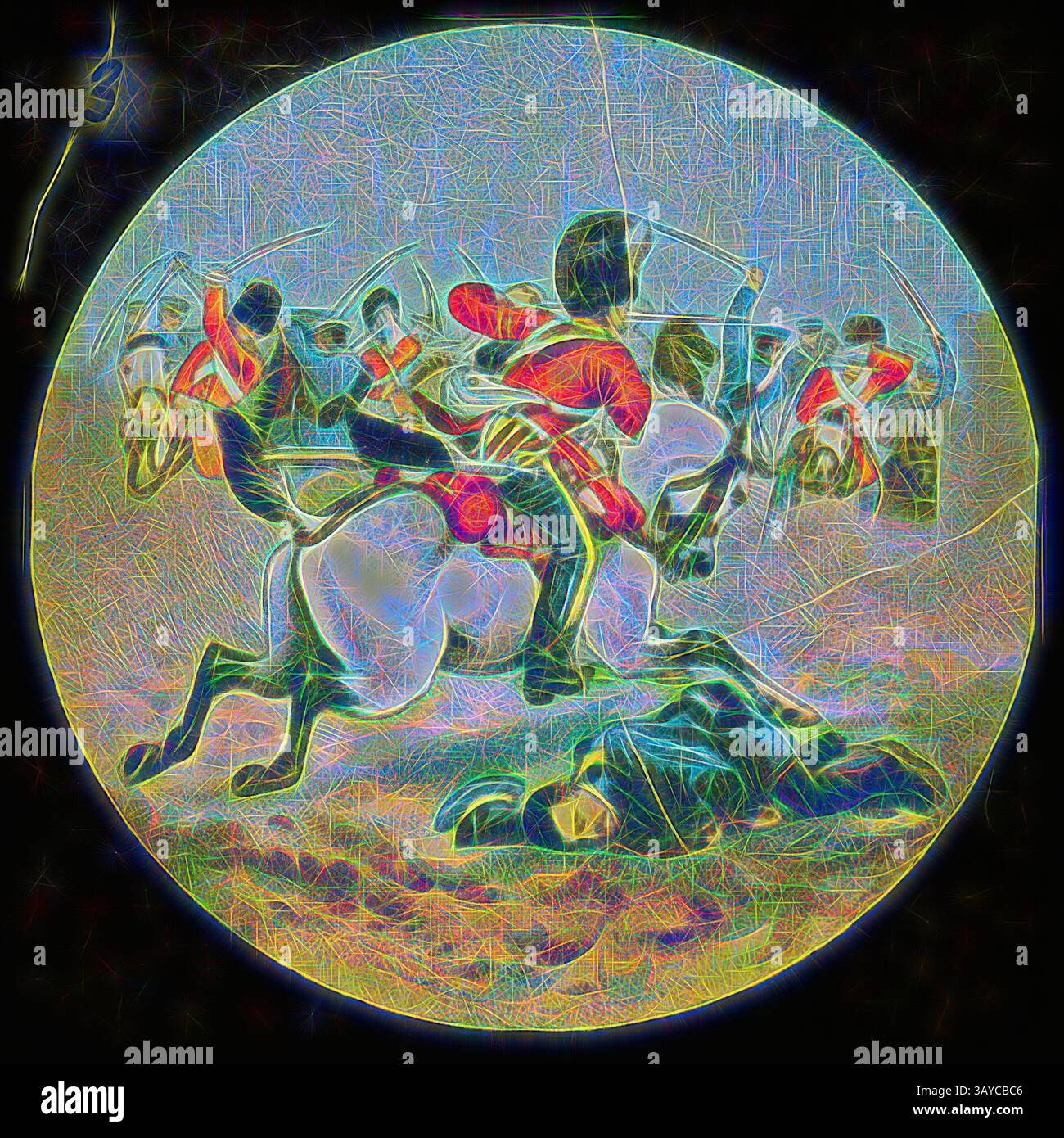 A dynamic scene depicting mounted soldiers engaging in battle, with ...