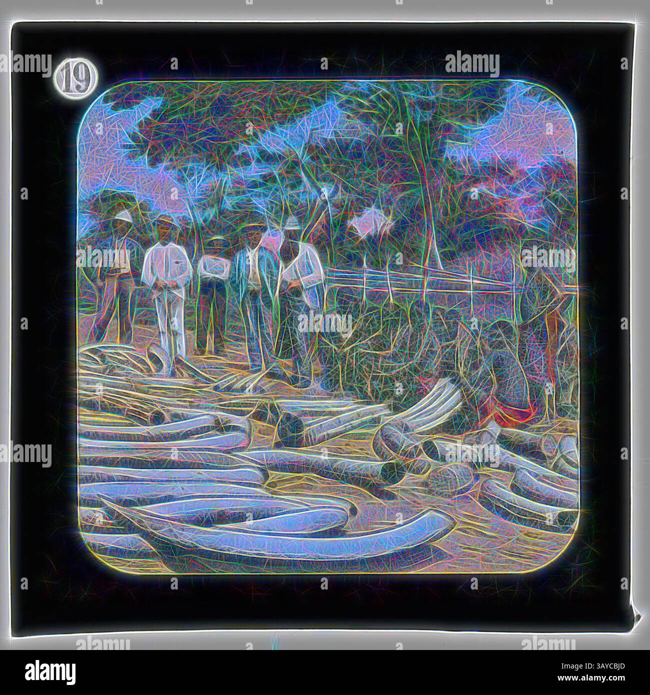 A historical scene featuring individuals observing a pile of large ...