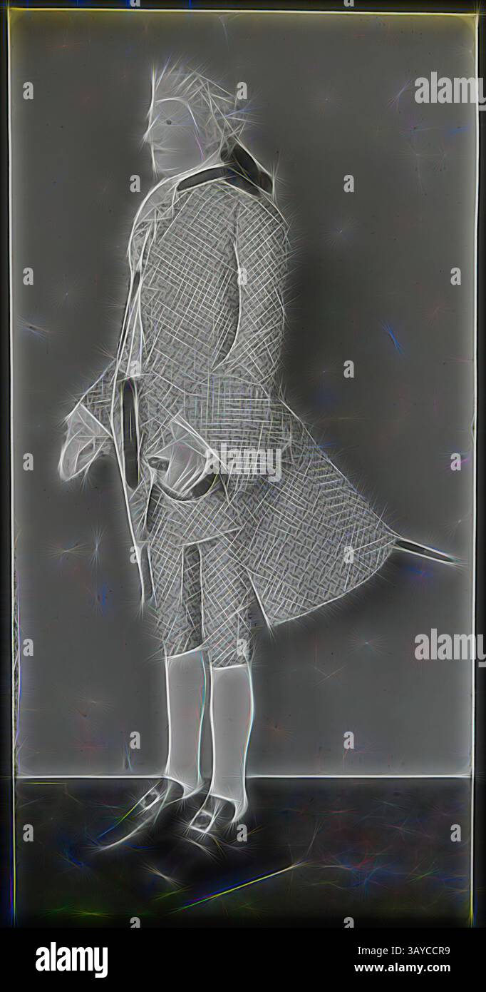 A stylized figure stands in profile, dressed in a historical outfit ...