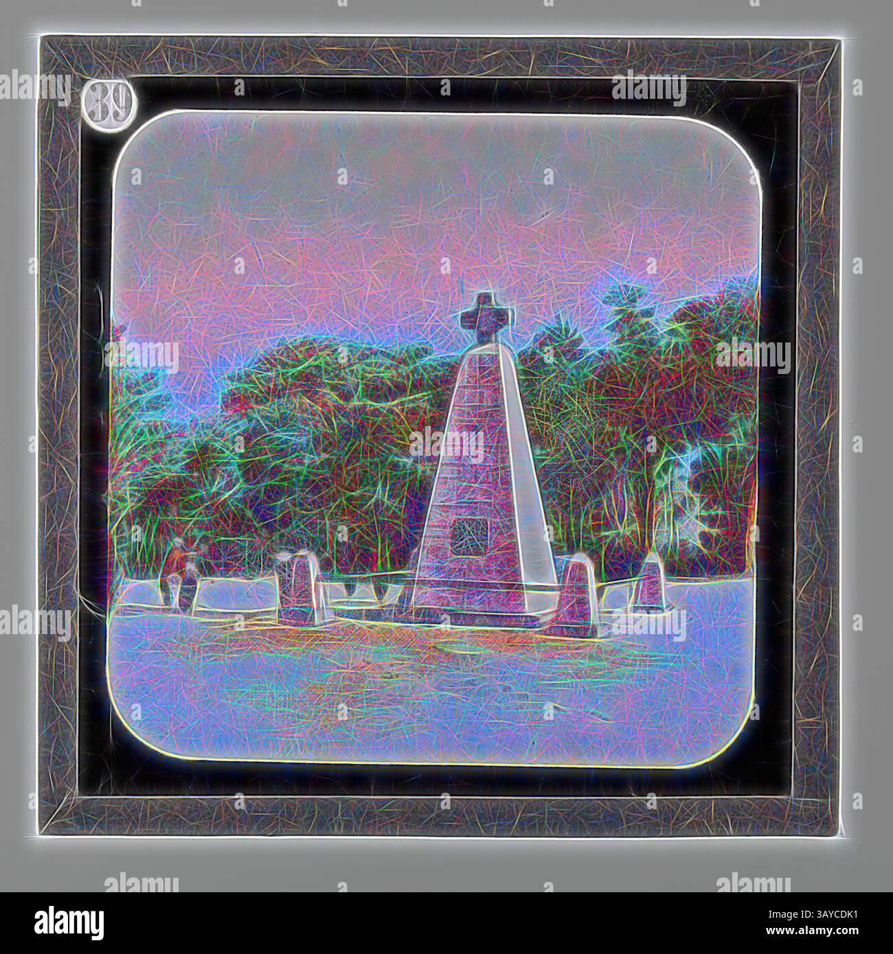 A stylized representation of a monument featuring a cross, surrounded ...