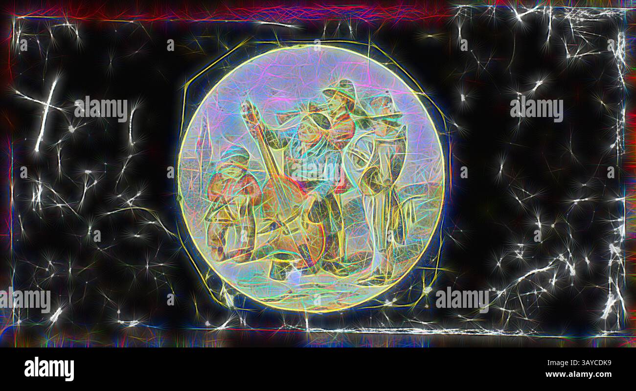 A vibrant, ethereal scene depicting a group of figures, with one gesturing emphatically while ...