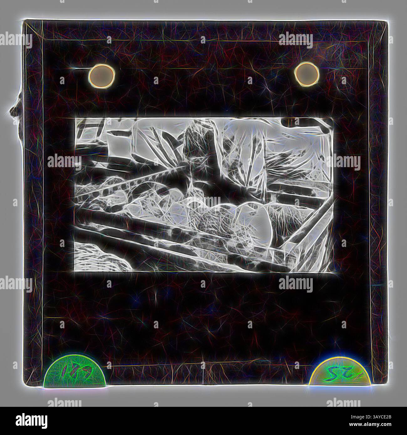 A decorative frame surrounds a display of various objects nestled ...