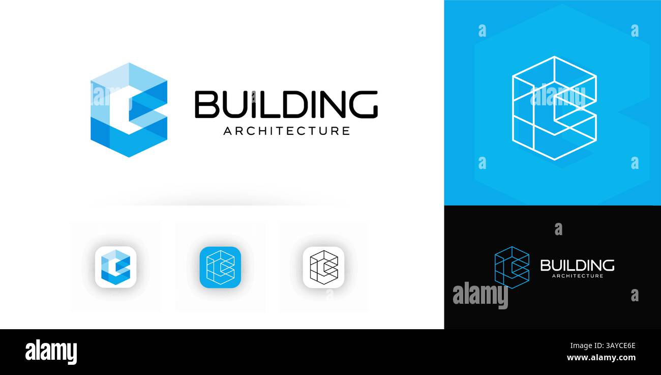 Geometric building architecture logo. Abstract 3D cube structure for construction company, real ...