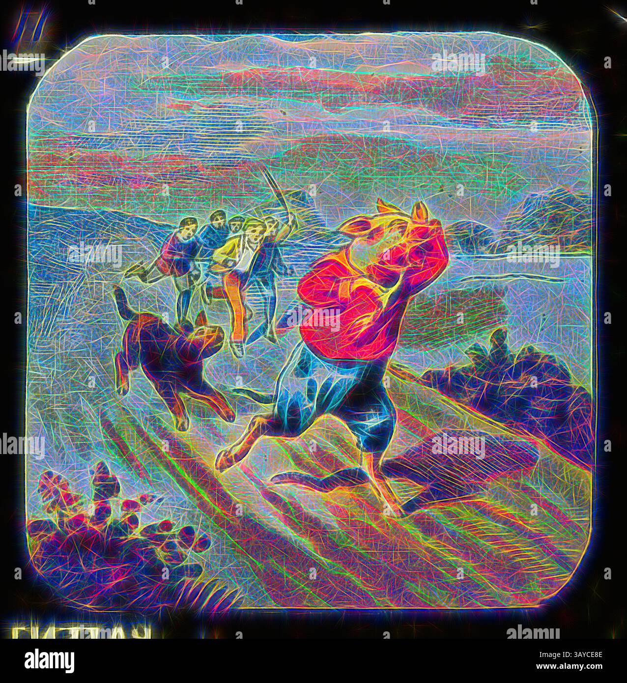 A whimsical scene depicting a pig in human clothing, joyfully running ...