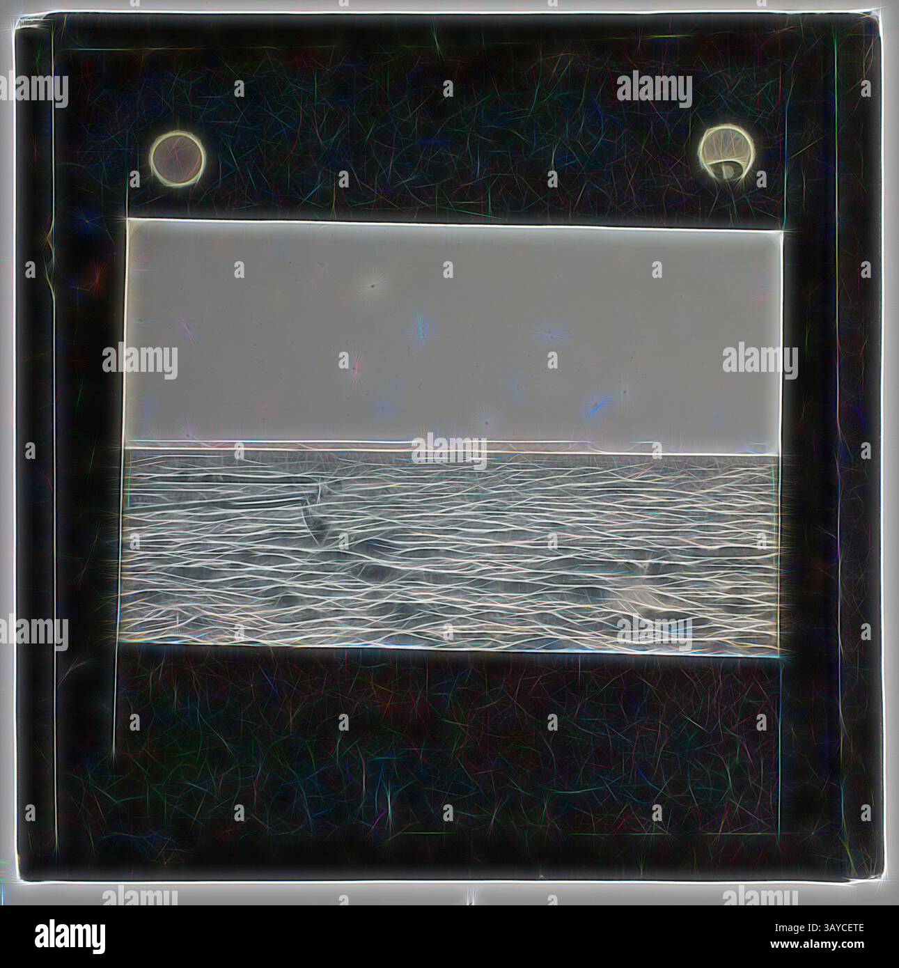 A minimalist composition featuring a horizon line dividing a serene ...