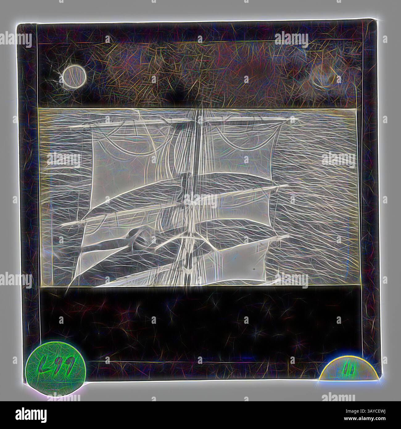 A stylized depiction of a sailing ship with billowing sails, set ...