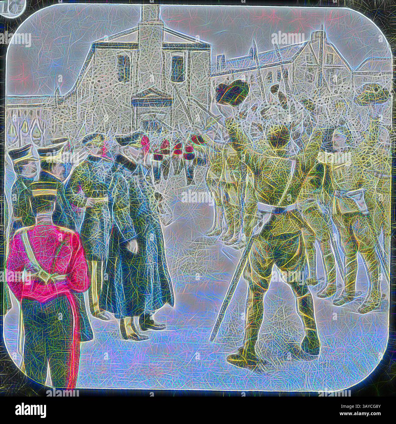 A ceremonial gathering where soldiers dressed in historical uniforms ...