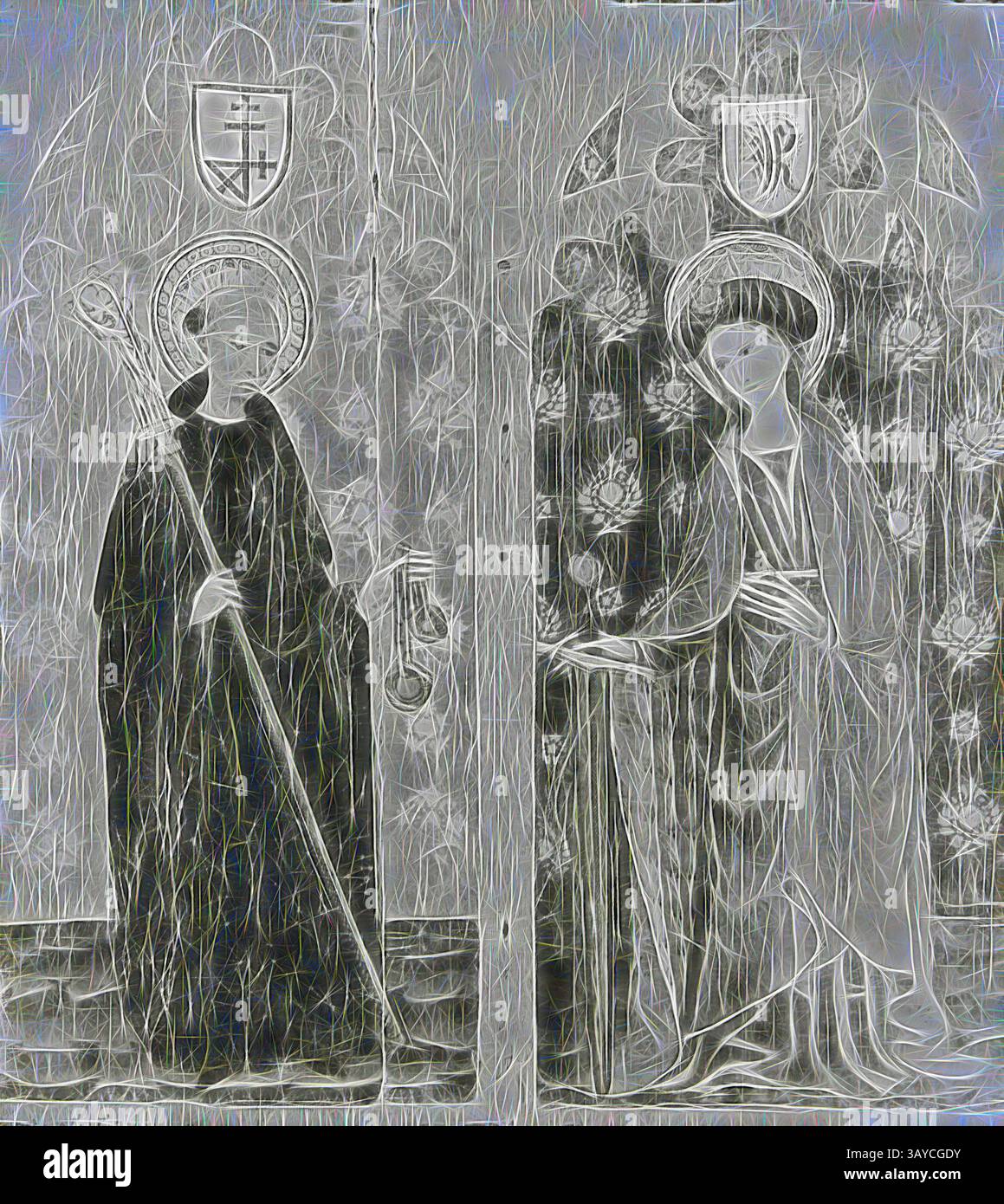 Two figures stand side by side, each holding symbols of their ...