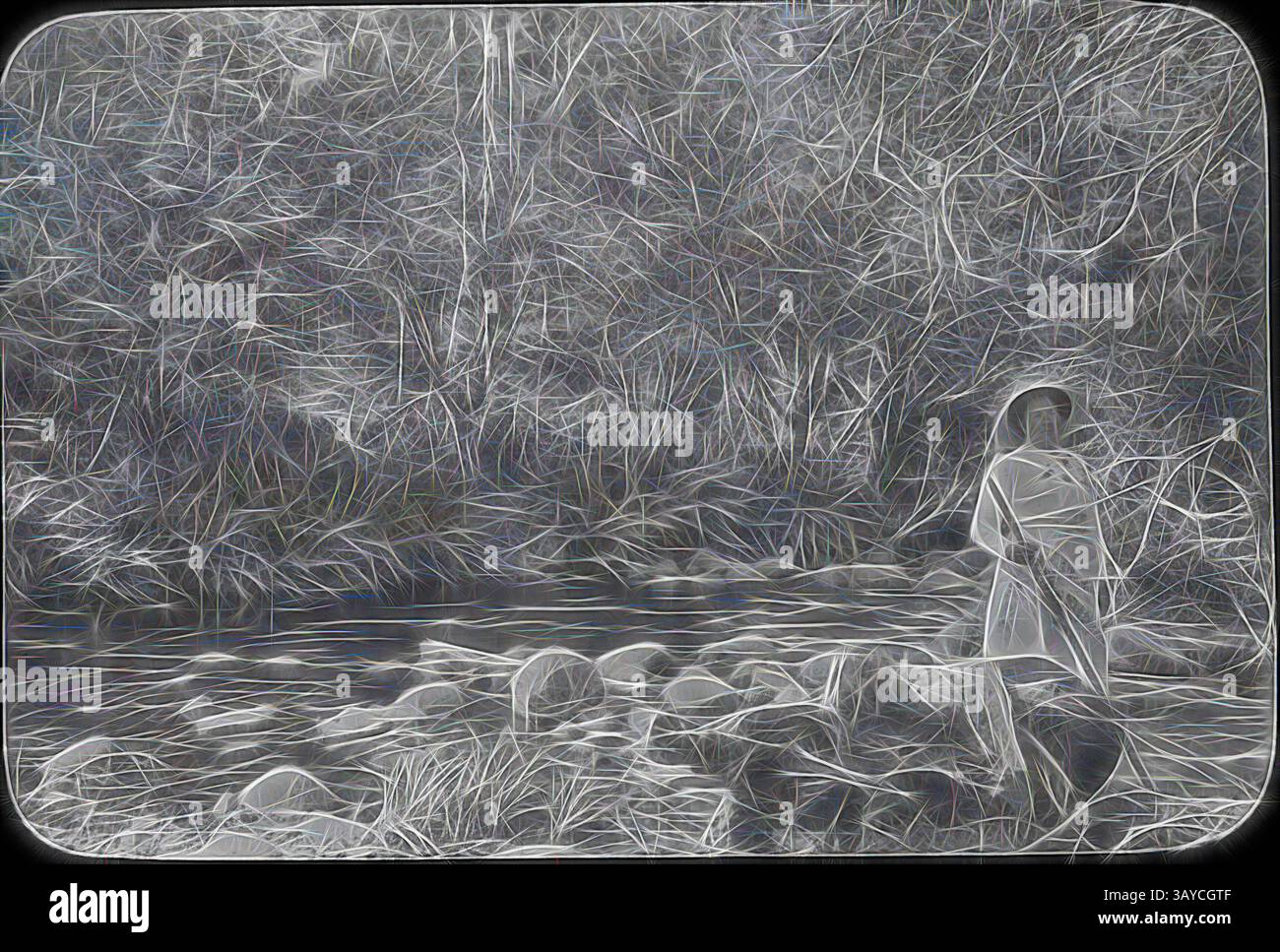 A figure stands gracefully by a flowing stream, surrounded by intricate ...