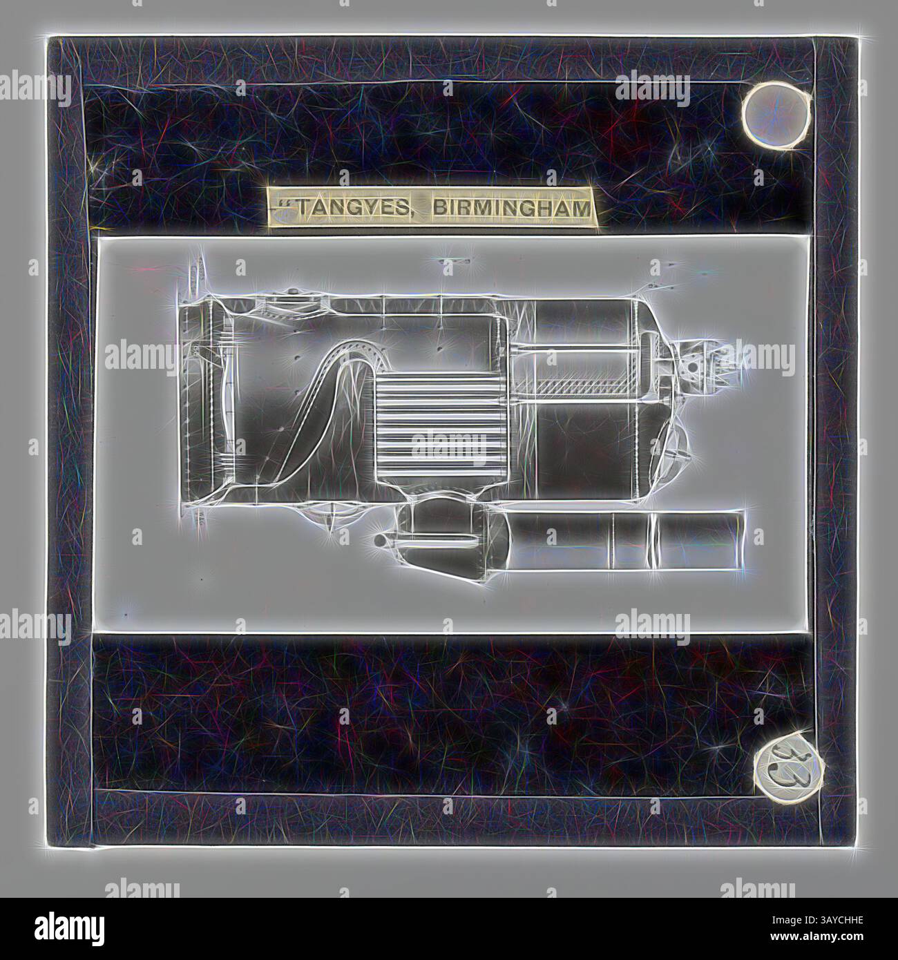 An intricately detailed illustration of a vintage machine, prominently ...