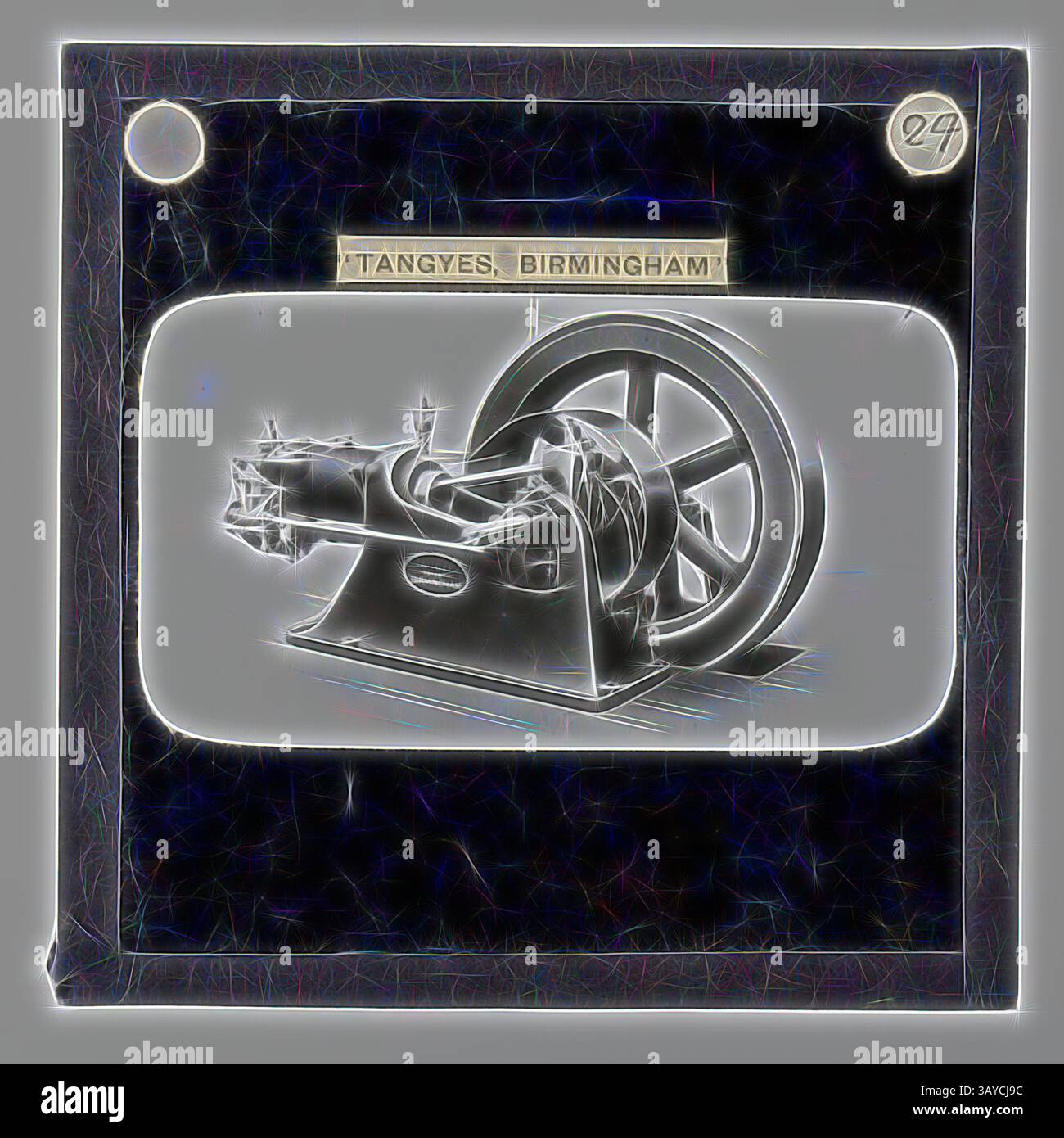 An early industrial engine mounted on a sturdy base, featuring large ...