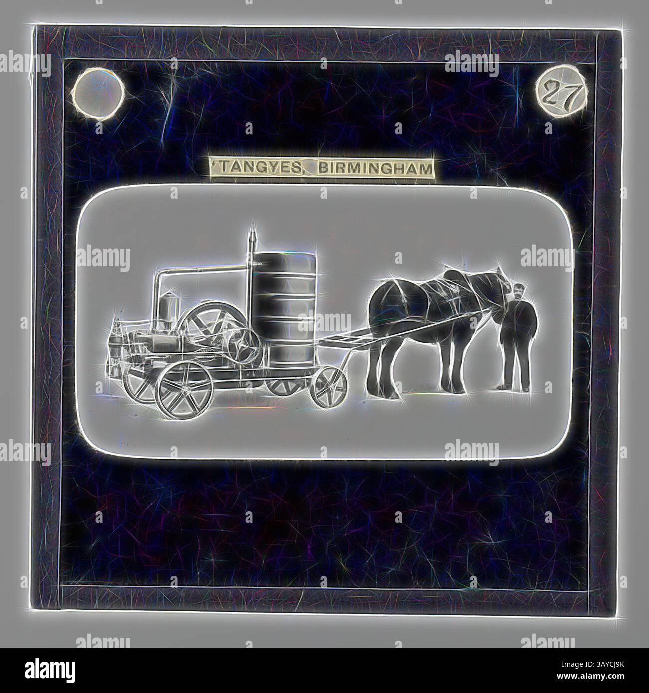 A historic scene depicting a steam-powered engine alongside a horse and ...