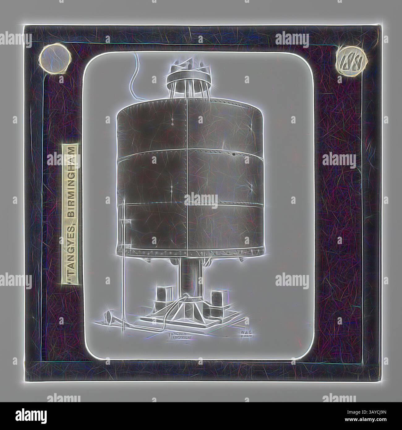 A stylized depiction of a large cylindrical structure, possibly a water ...