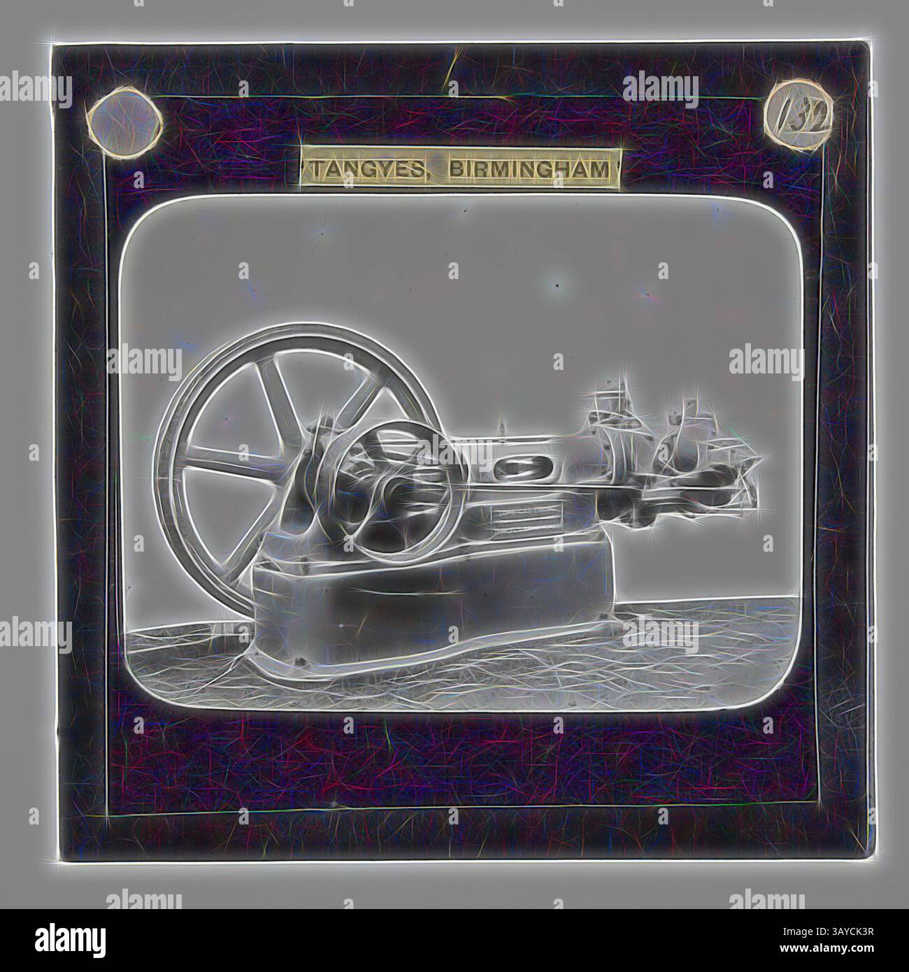 A vintage lathe machine prominently displayed, featuring a large wheel ...