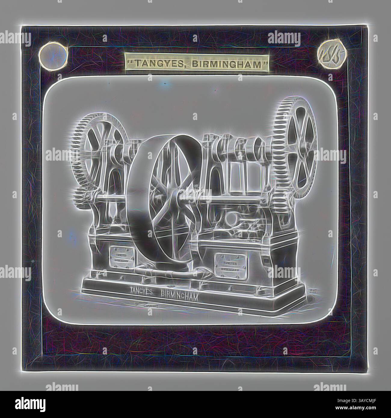 A vintage machinery exhibit featuring a detailed view of a large ...