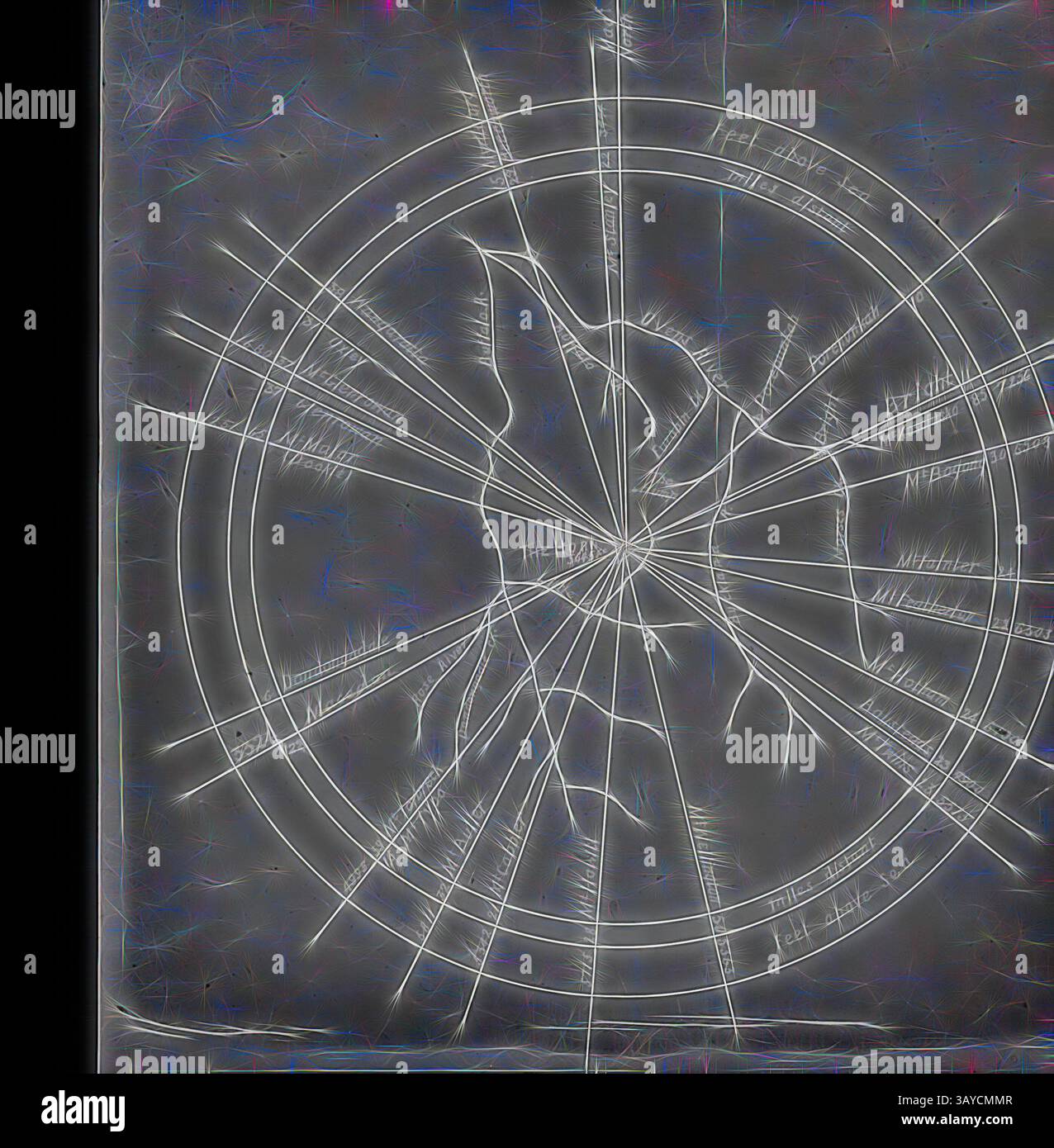 An intricate circular design features radiating lines and labels ...