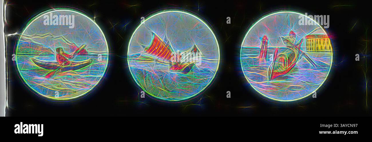 Three circular scenes depict vibrant waterscapes: a paddler navigating ...