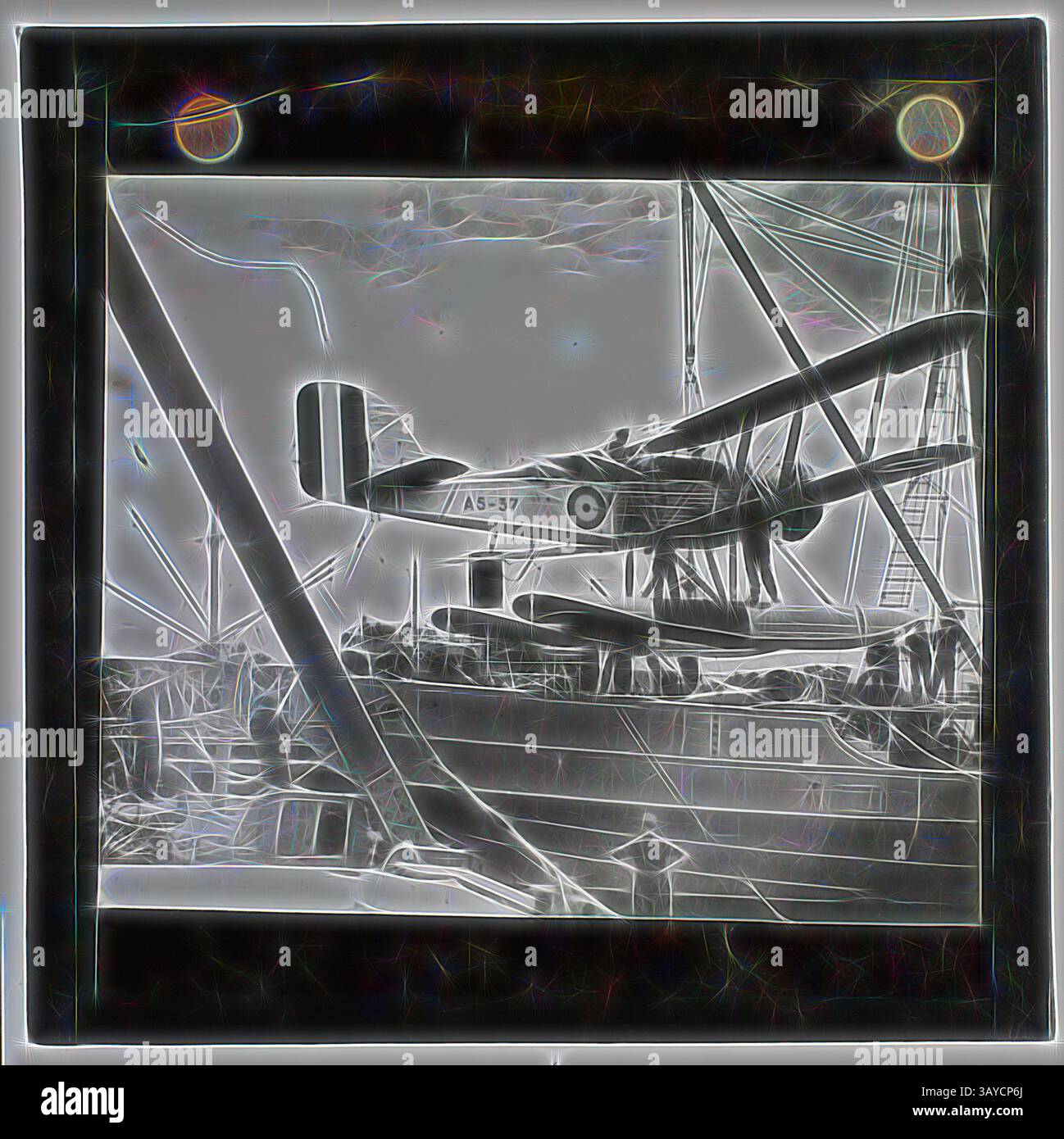 An antique biplane is perched atop a docked vessel, surrounded by ...