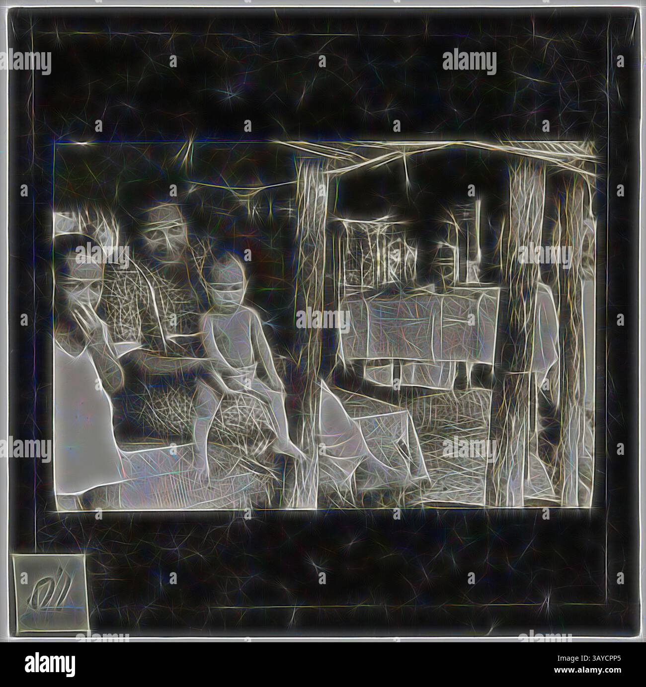 A family gathers around a small child, depicted in a textured, artistic ...