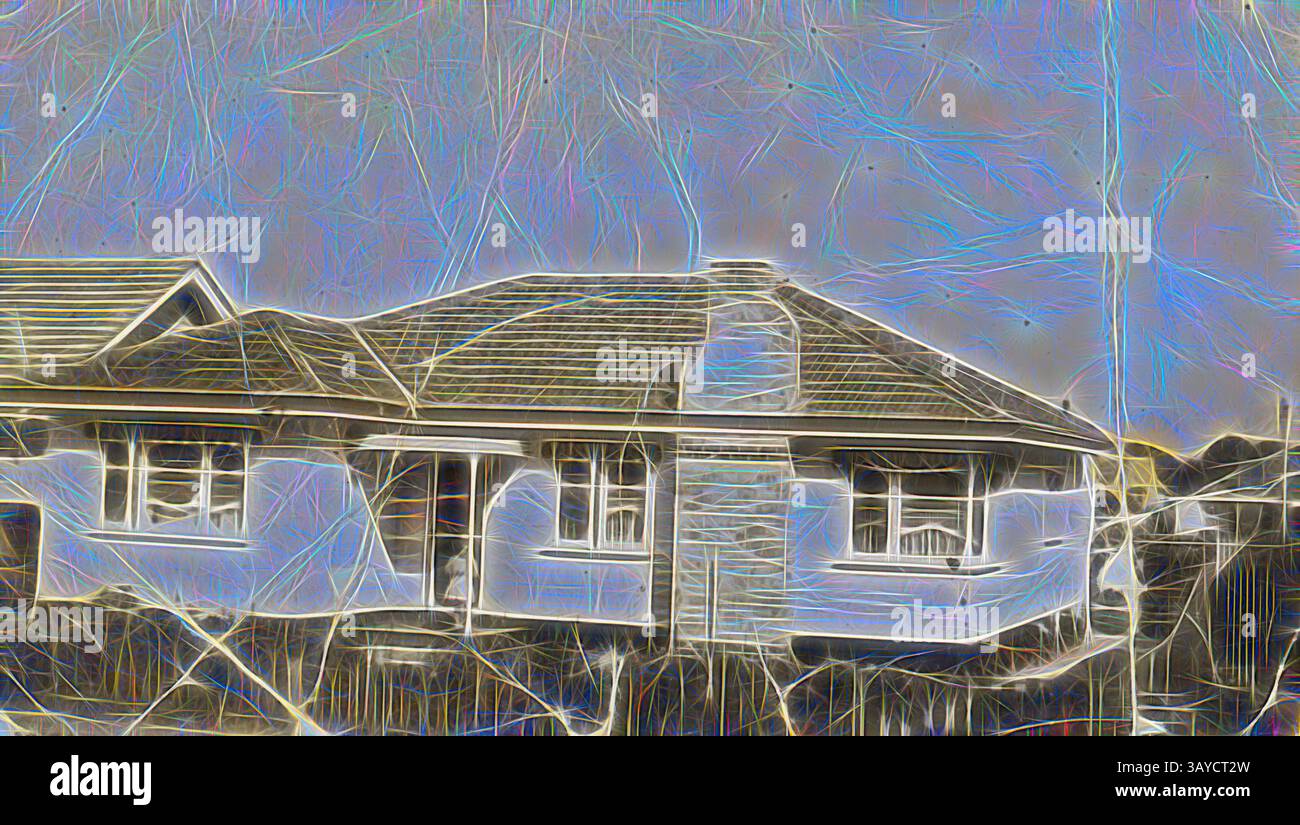 A uniquely stylized house featuring a sloped roof, with distinctive ...
