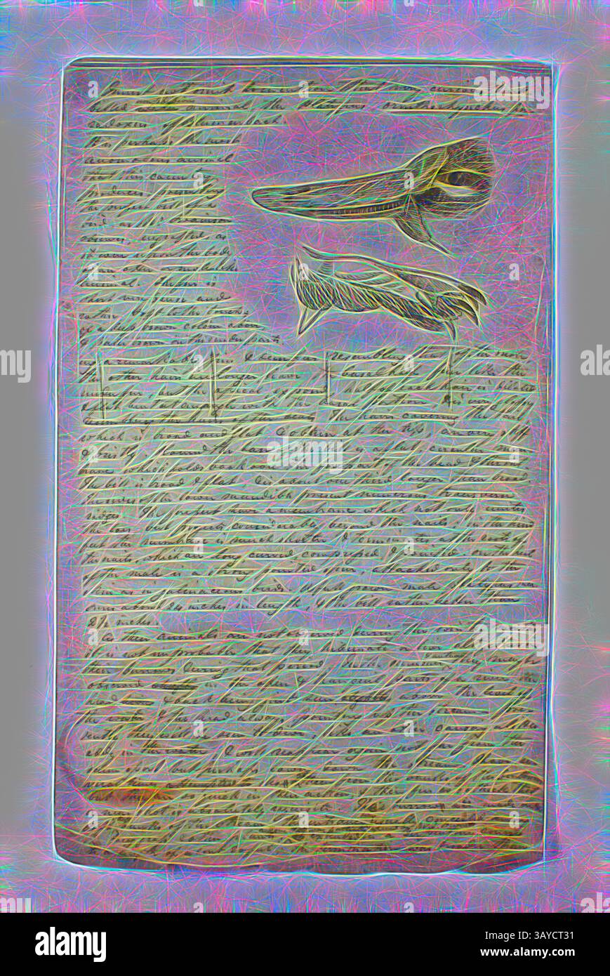 An intricate handwritten document showcasing cursive text, adorned with ...