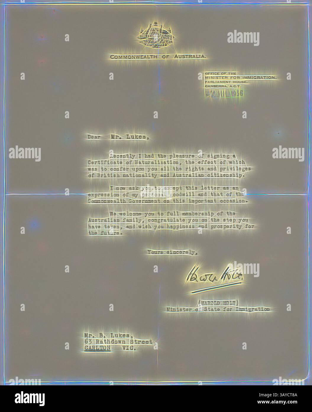 A formal letter from the Commonwealth of Australia addressed to Mr. R ...