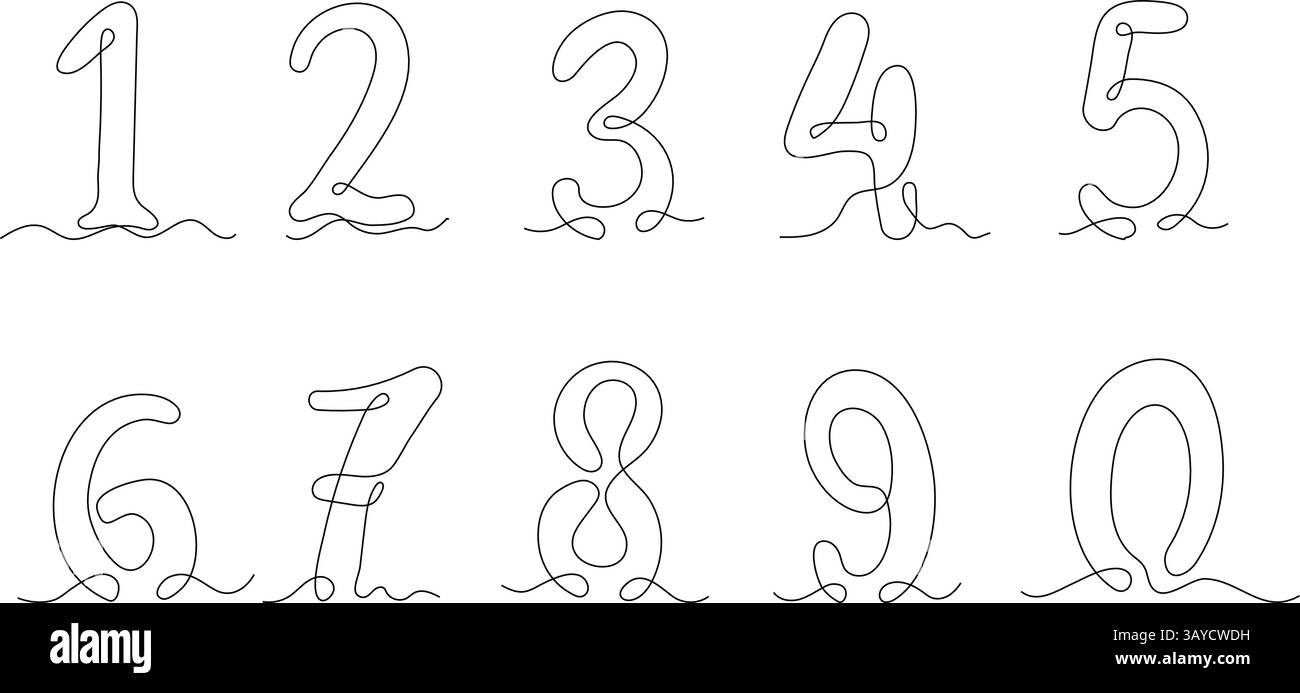 Continuous one line drawing of numbers from 0 to 9. Stylish and ...
