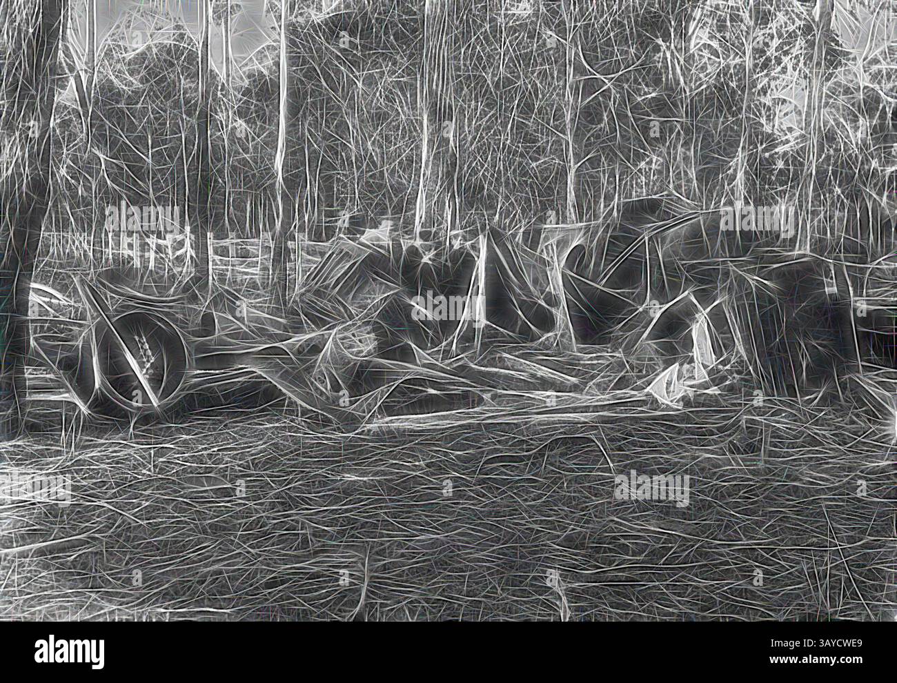 A collection of discarded materials and machinery rests amidst a forest ...