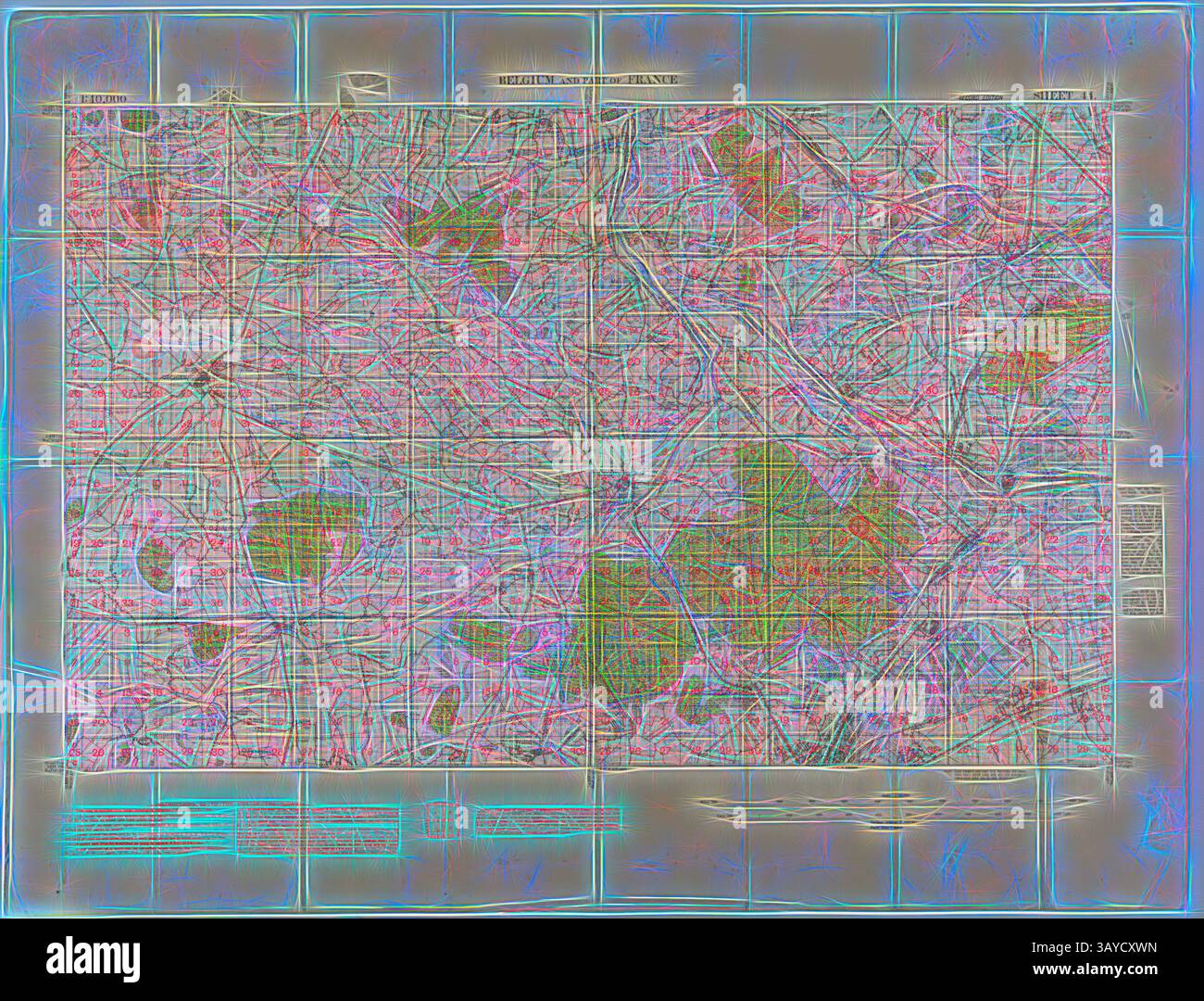 An intricate map featuring a grid layout with various topographical ...