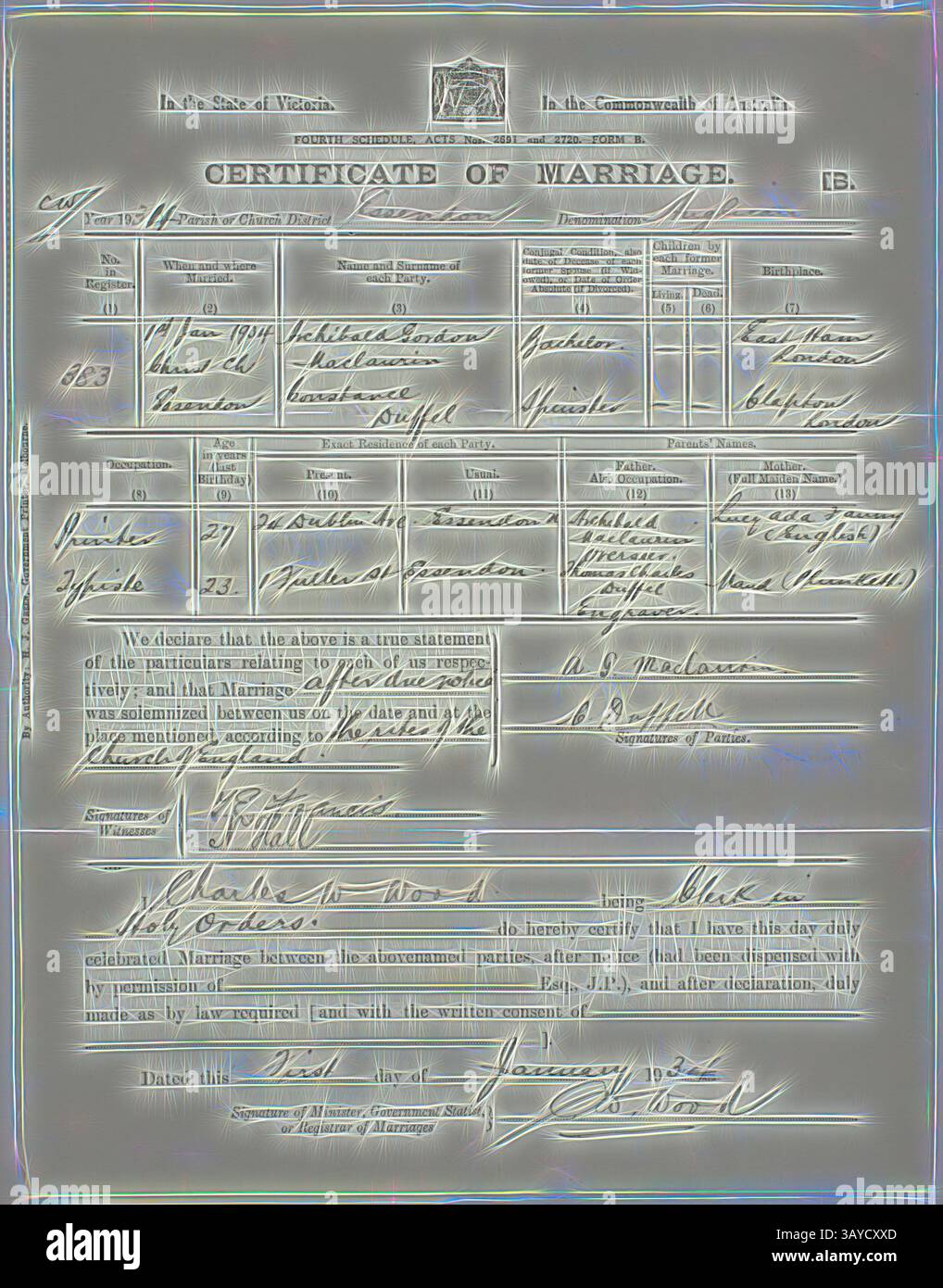 A marriage certificate detailing the union of two individuals ...