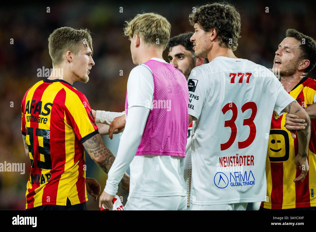 Mechelen, Belgium. 22nd Apr, 2025. Mechelen's Fredrik Hammar and ...