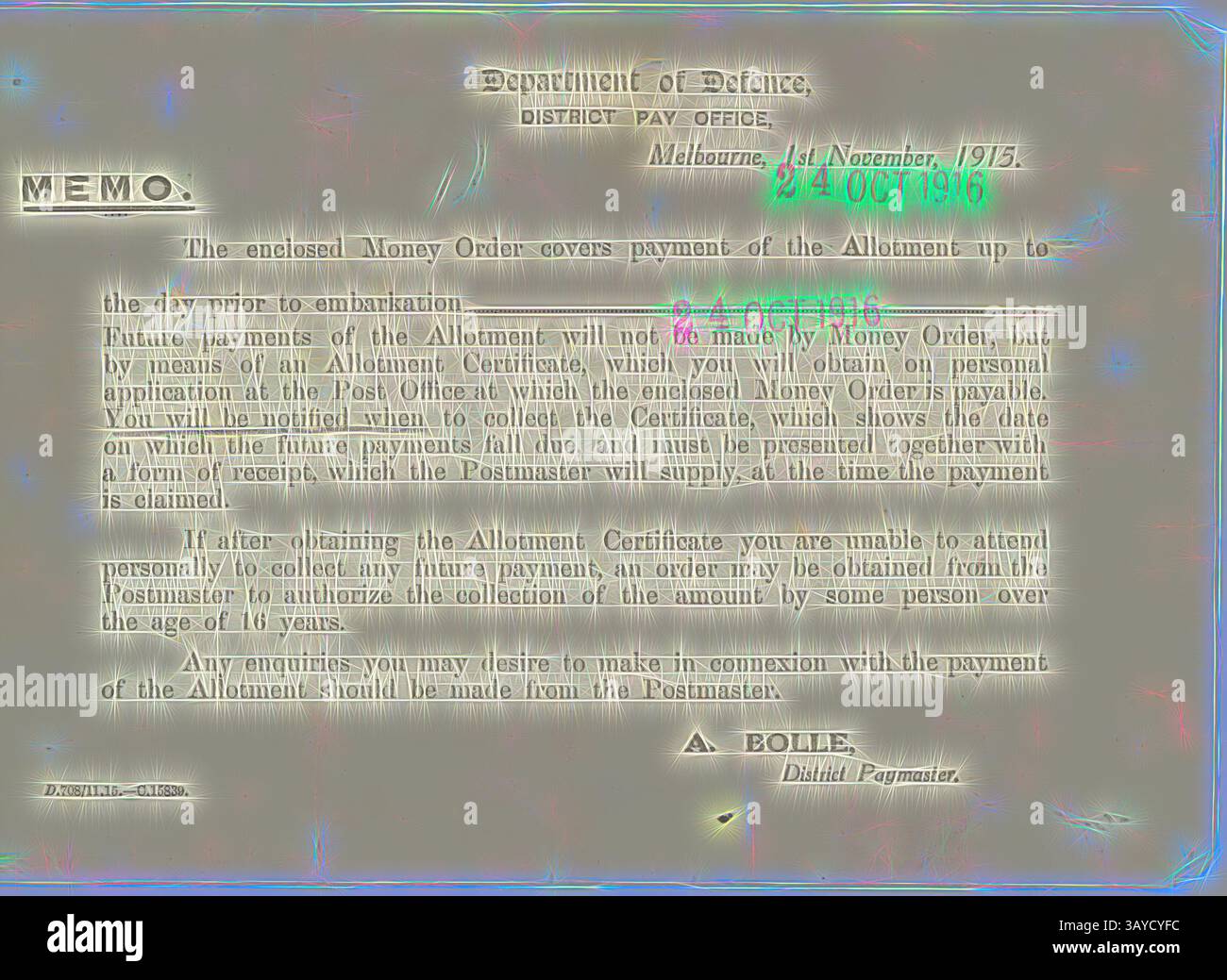 A memo from the Department of Defence outlining the process for payment ...